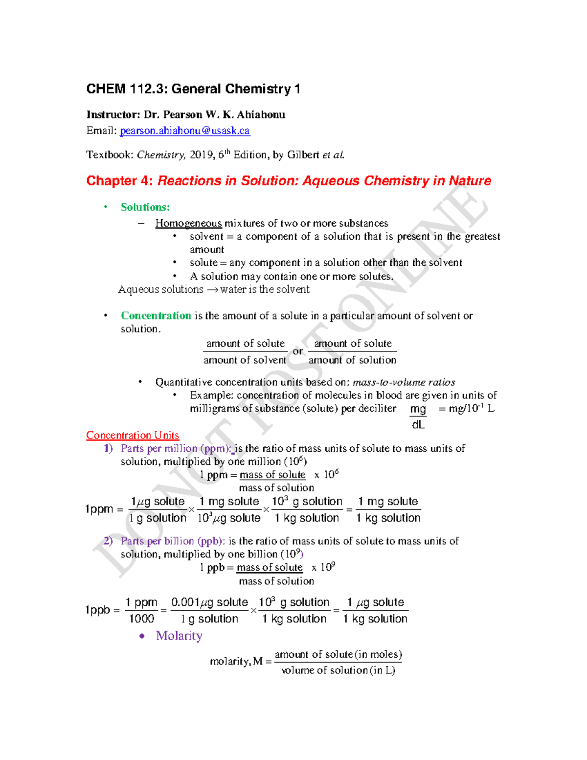 Chem 112: Chapter 4 notes on reactions in solution and aqueous ...
