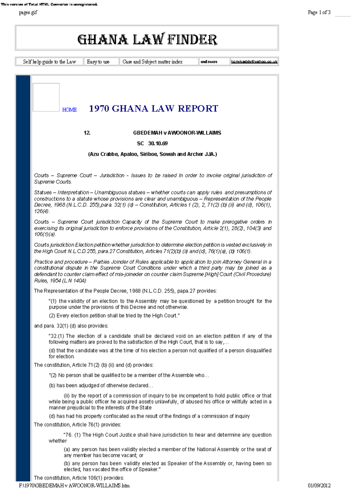 Gbedemah v Awoonor-Williams: Supreme Court Jurisdiction Analysis - Studocu