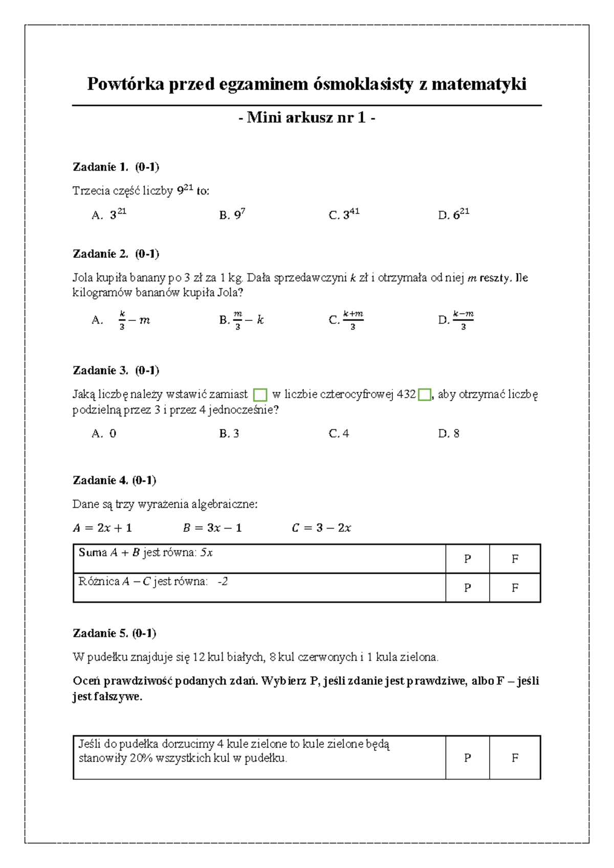 Miniarkusze 21 - Powtórka przed egzaminem ósmoklasisty z matematyki - Studocu