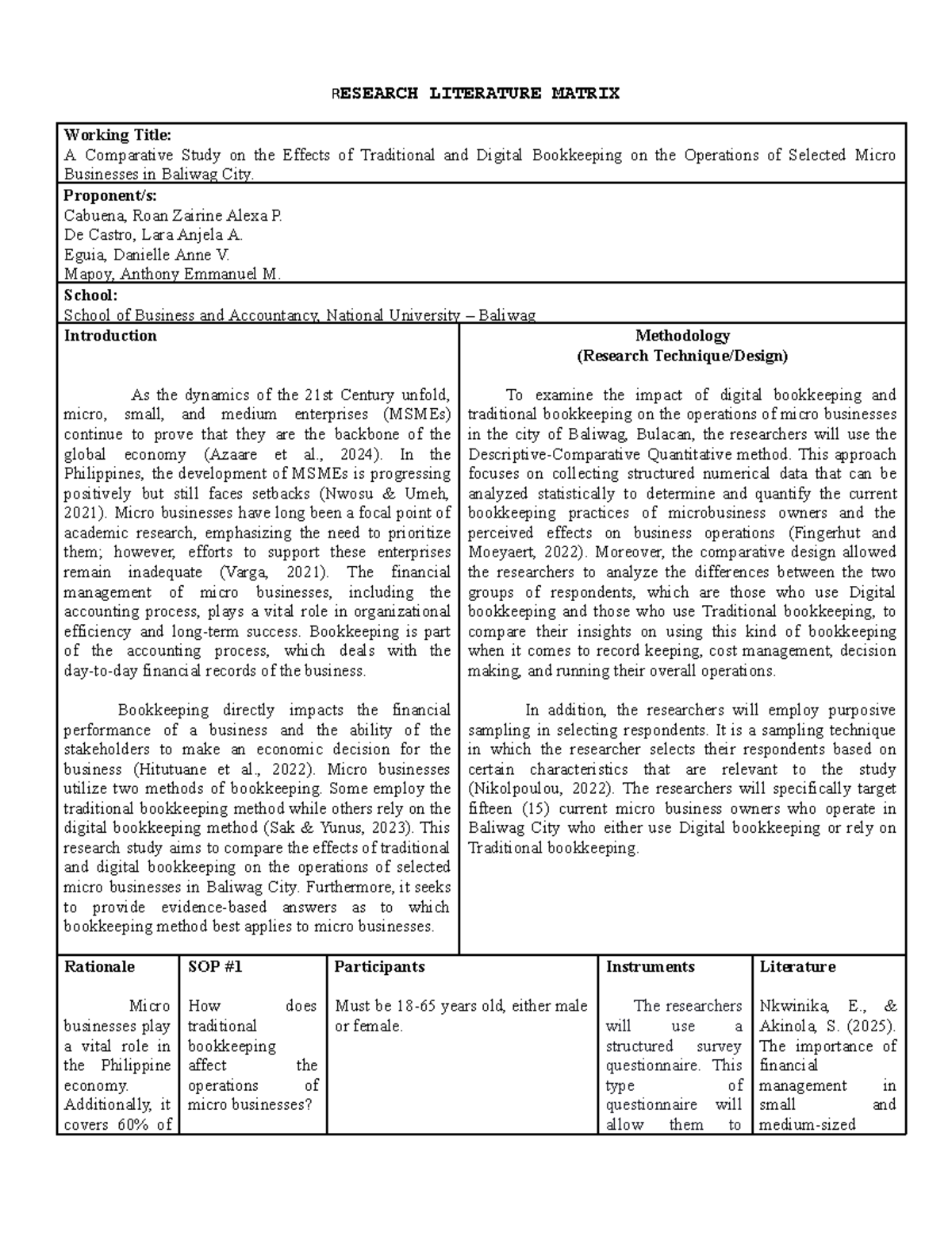 RESEARCH LITERATURE MATRIX: Comparing Traditional vs Digital Bookkeeping in - Studocu
