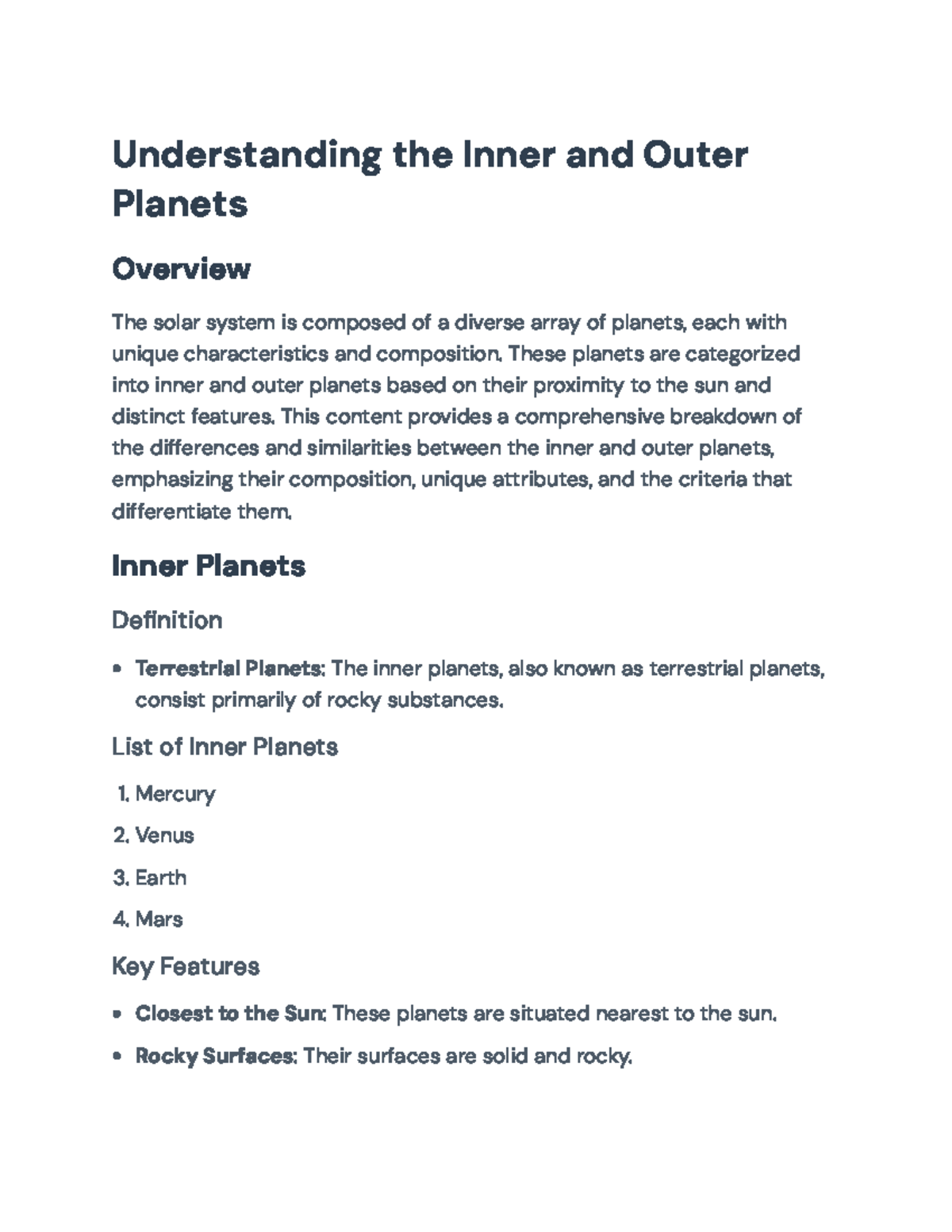 Understanding the Inner and Outer Planets: Key Features & Differences - Studocu
