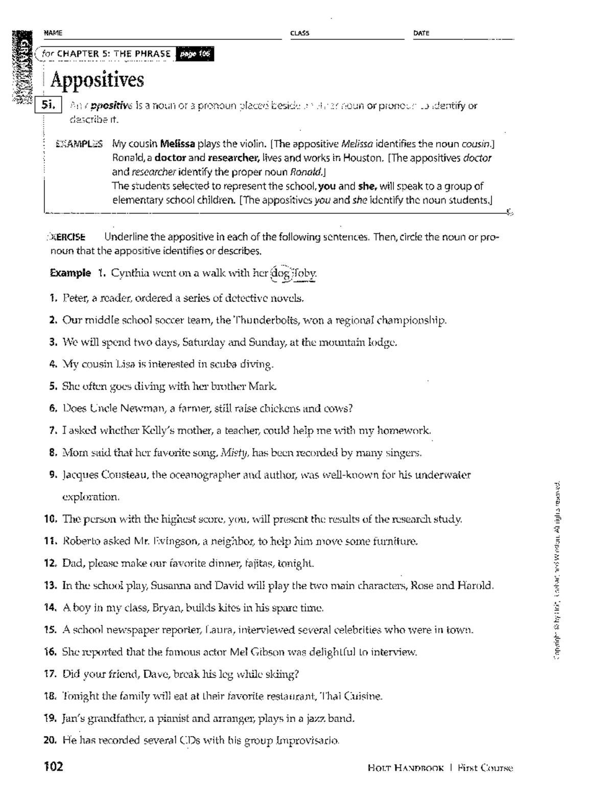 Grammar Notes: Appositives in Chapter 5 (NAME CLASS DATE) - Studocu