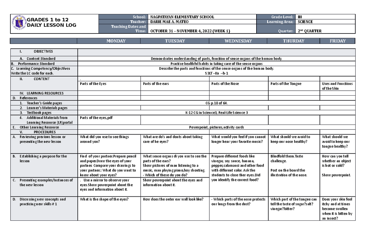 DLL Science 3 Q2 W1 - Weekly Learning Objectives and Activities - Studocu