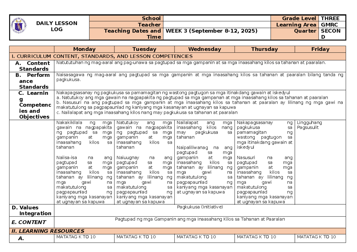 DAILY LESSON LOG: GMRC Grade 3 Week 3 (Sept 2025) - Studocu