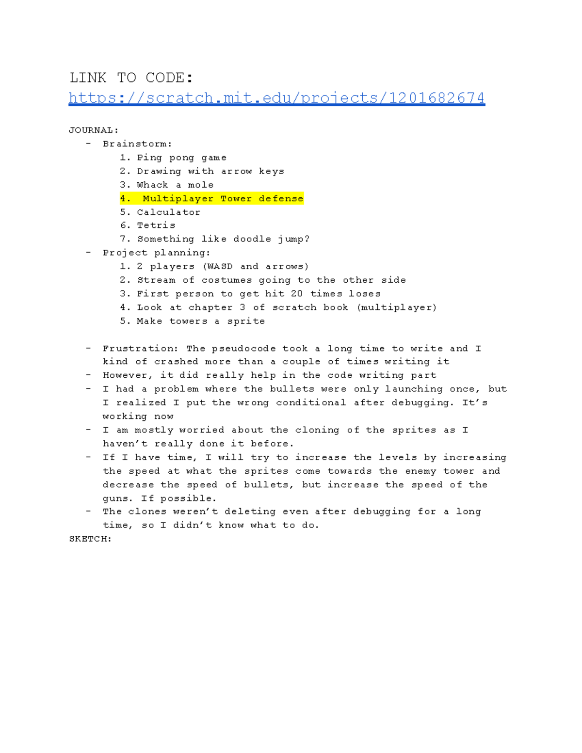Scratch Project Planning: Multiplayer Tower Defense Game (4.11) - Studocu