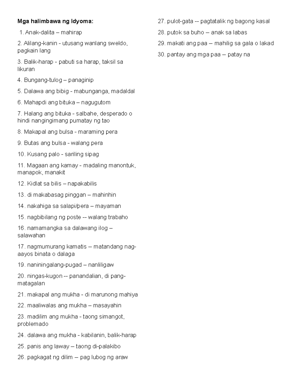 Mga Halimbawa ng Idyoma at Sawikain sa Wikang Filipino - Studocu