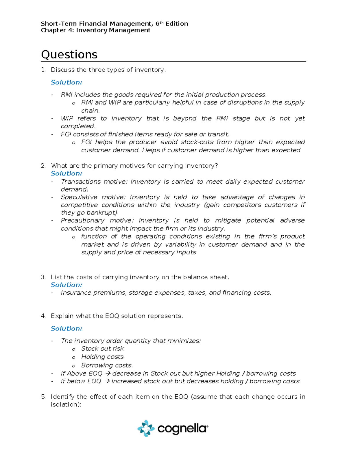 Financial Management, 6th Edition Chapter 4: Inventory Management Midterm Review - Studocu