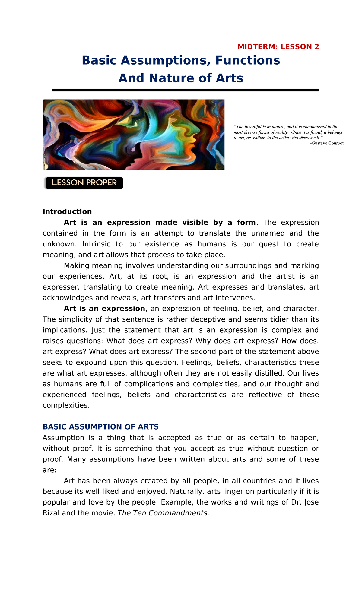 Art-lesson-2 - This is good - MIDTERM: LESSON 2 Basic Assumptions ...