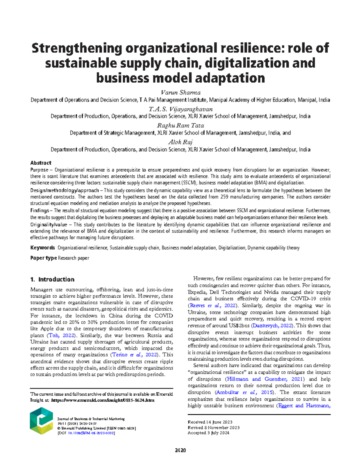 Strengthening Organizational Resilience: SSCM, Digitalization & BMA ...