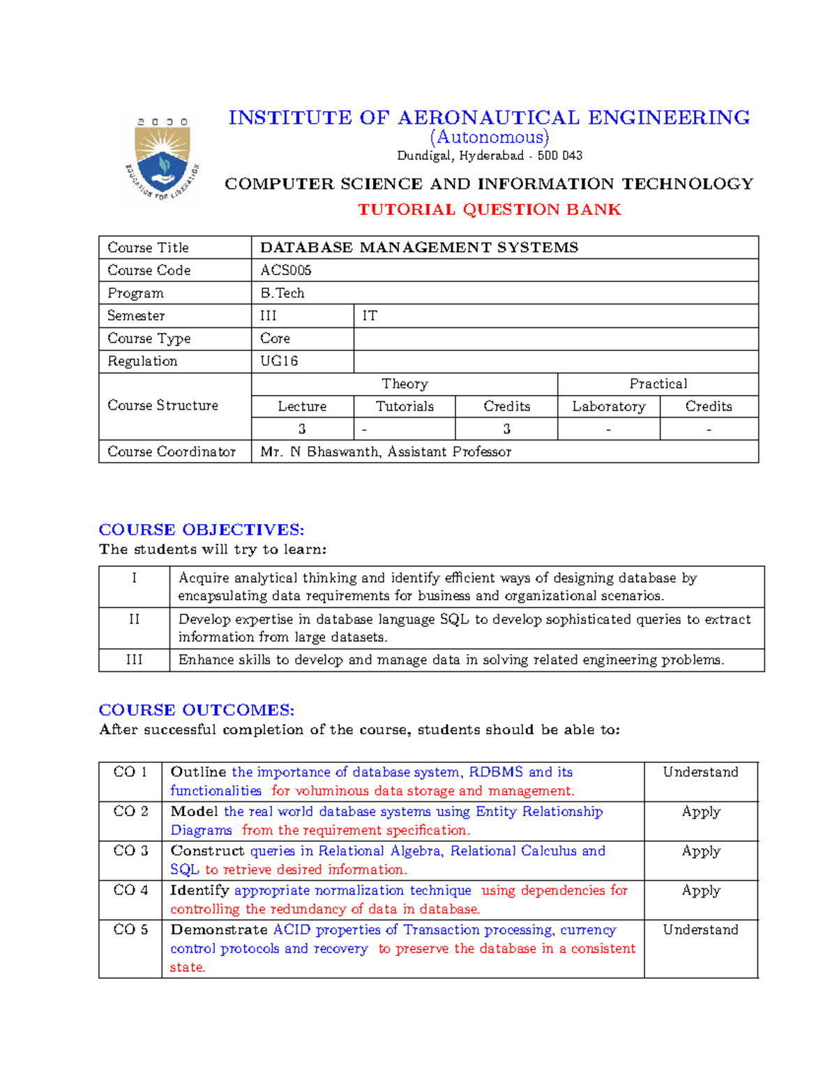 Dbms Question Bank Acs005 Tutorial Questions For Btech Core Course