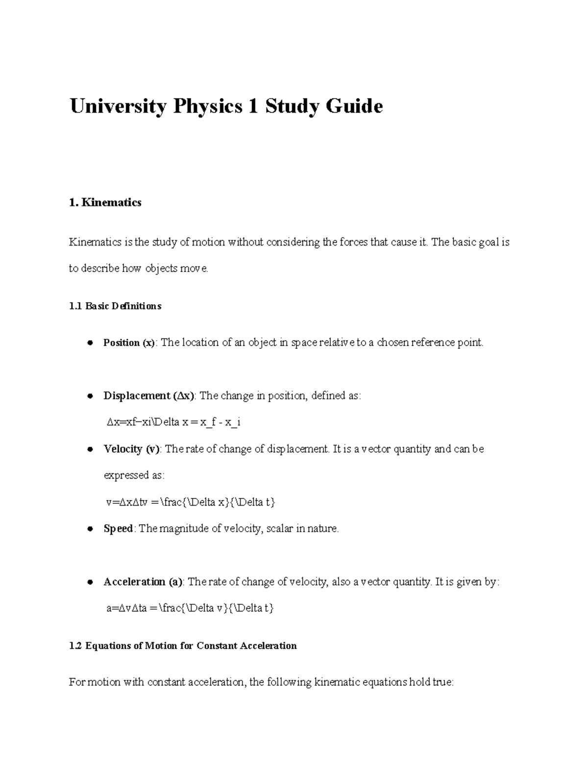 University Physics 1 Exam Study Notes: Kinematics, Energy & Motion ...