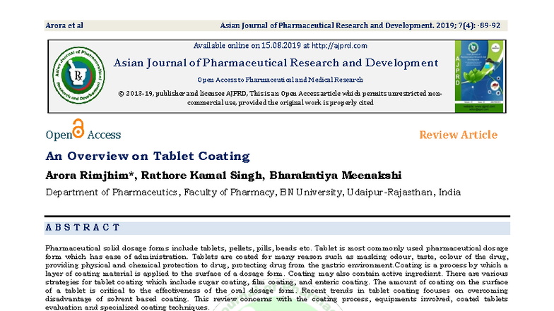 An Overview on Tablet Coating: AJPRD 7(4) Review Article - Studocu