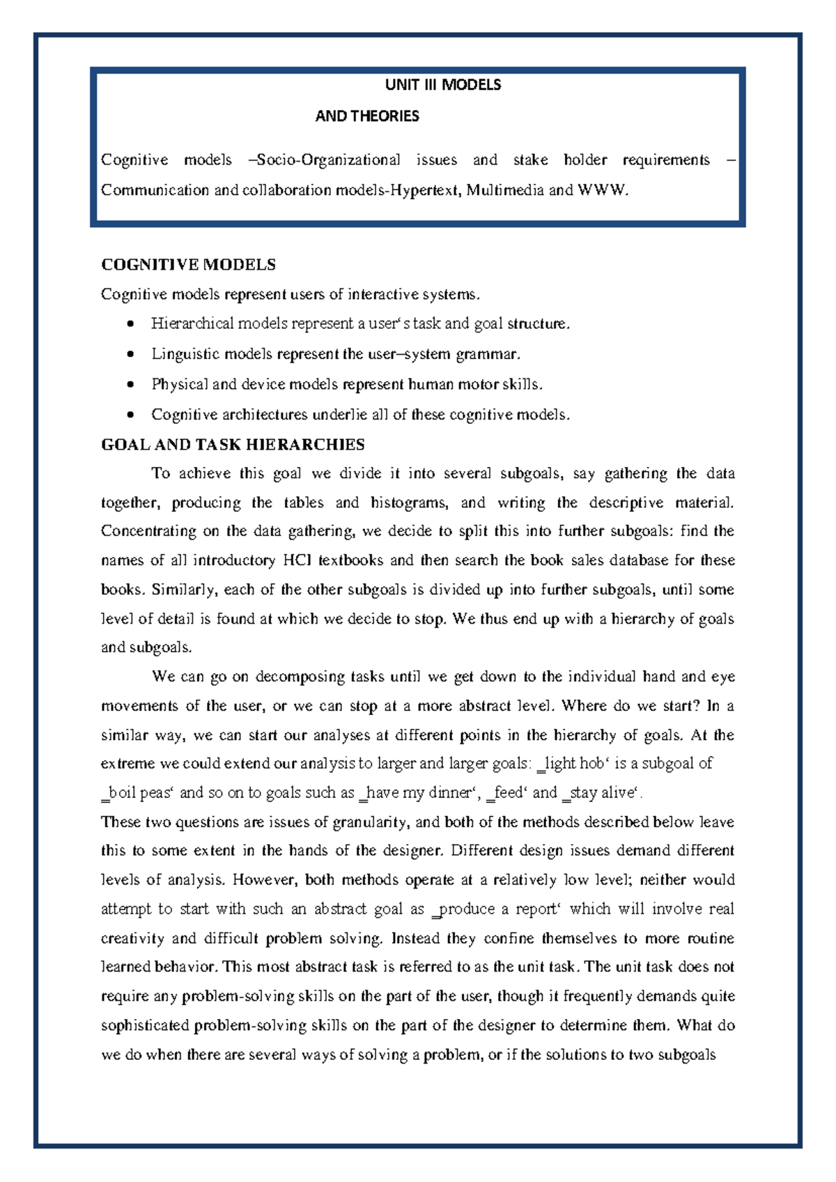 HCI 200 Unit 3 Cognitive and Linguistic Models in User Interaction ...