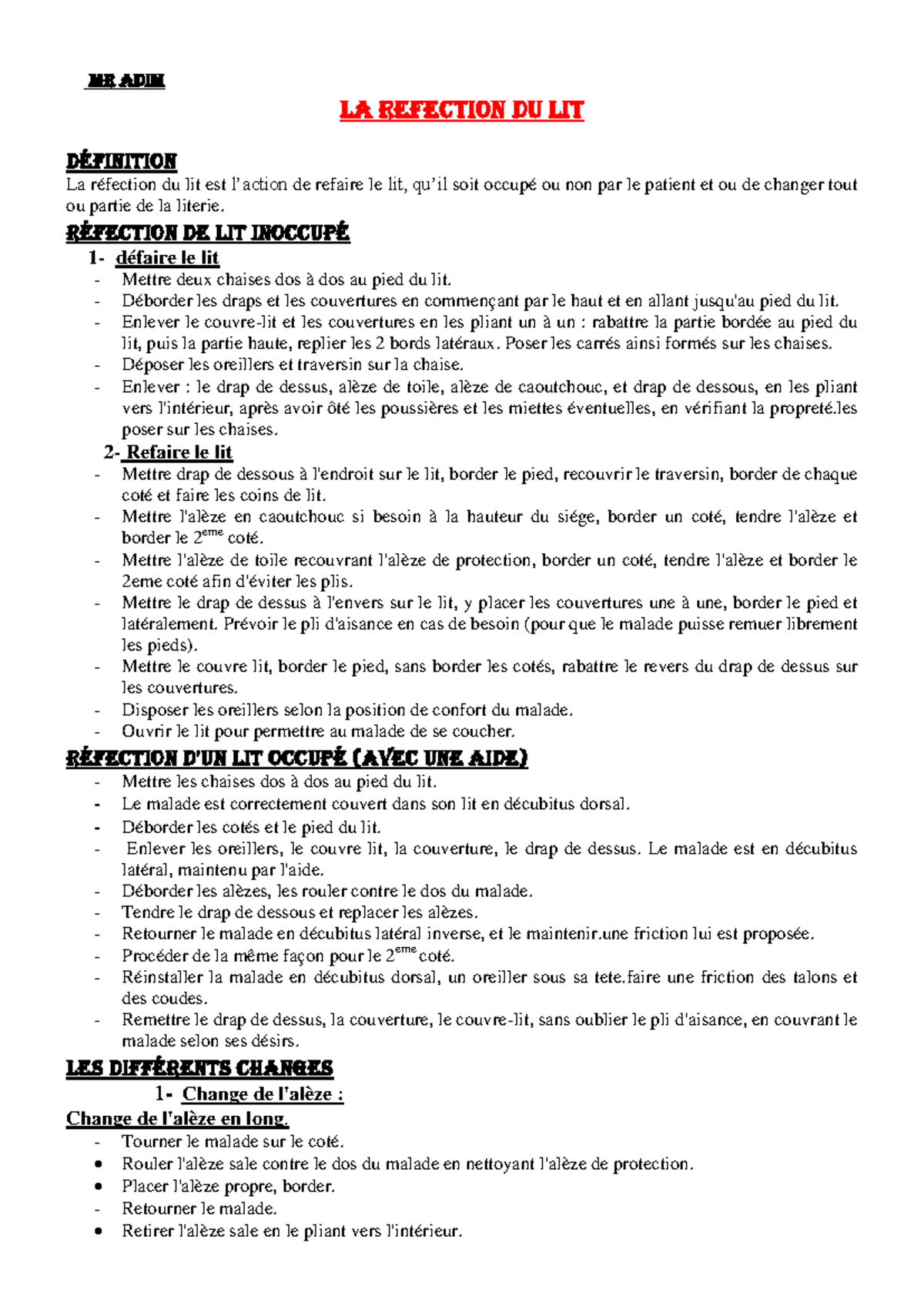 Réfection du Lit par Mr Adim - Cours Infirmier (LIT 101) - Studocu
