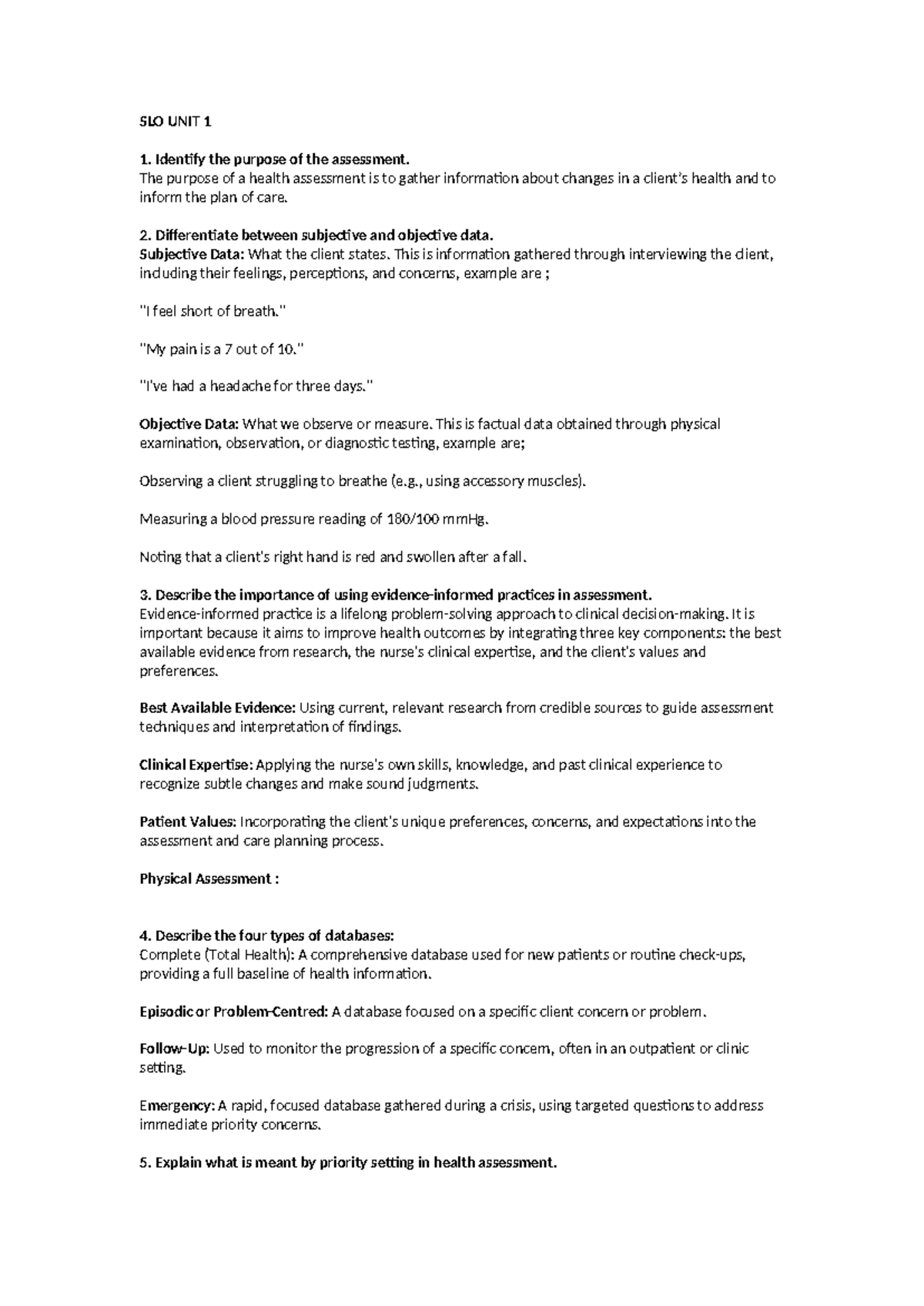 SLO UNIT 1 & 2: Health Assessment and Nutritional Evaluation Summary ...