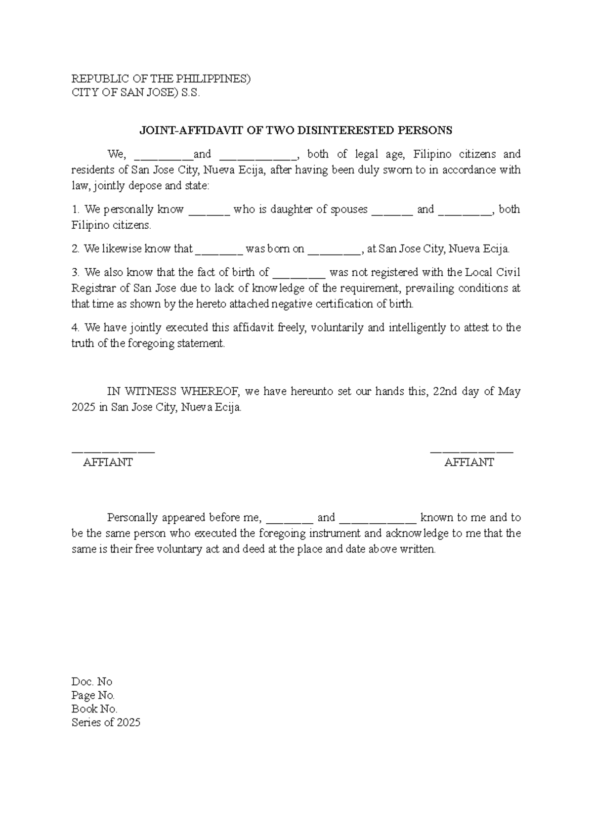 Joint Affidavit of Two Disinterested Persons - Sample Document - Studocu