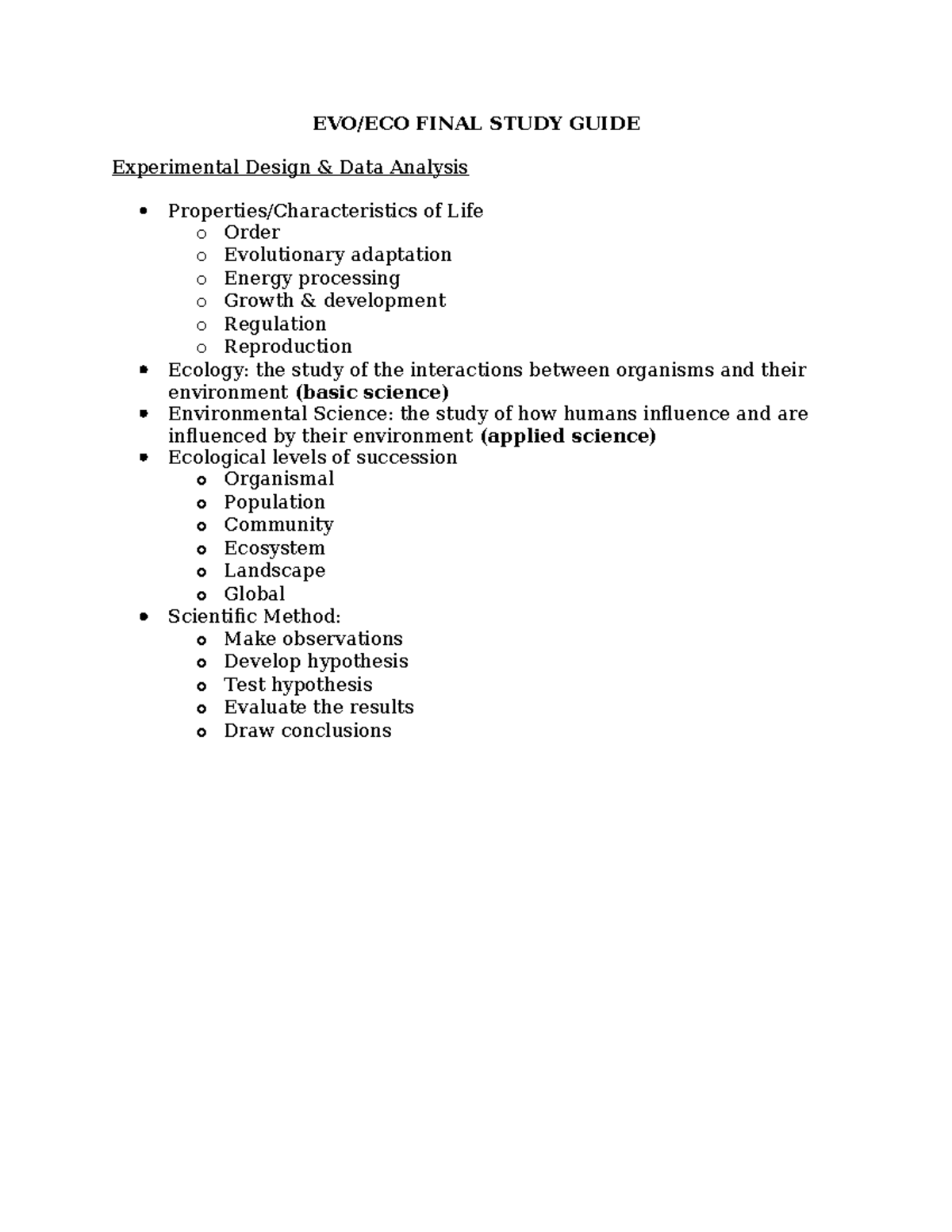 Evo:eco final study guide - EVO/ECO FINAL STUDY GUIDE Experimental ...
