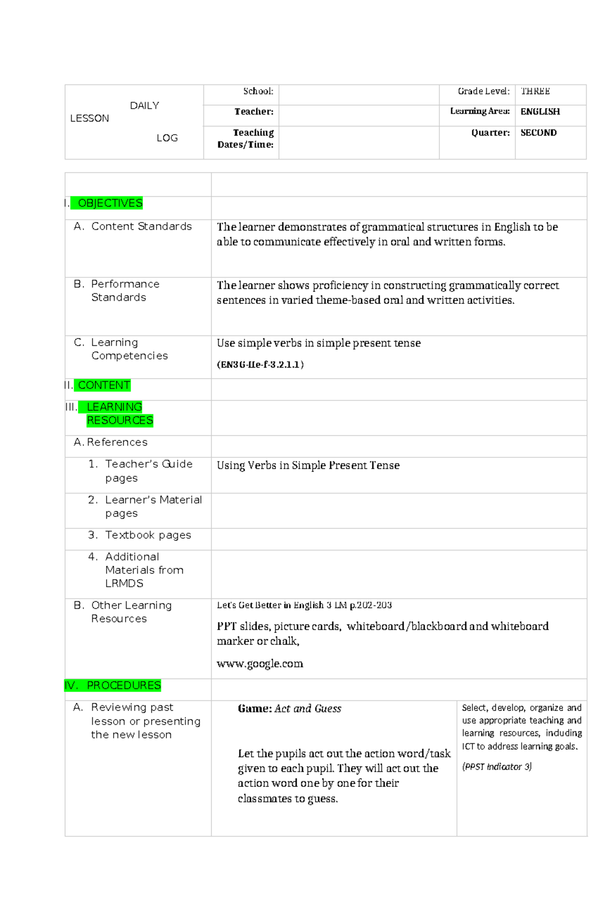 COT-ENG 3: Lesson Exemplar on Simple Present Tense - Studocu