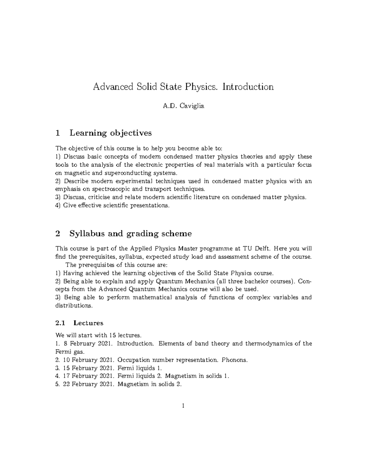 Advanced Solid State Physics (APPLIED PHYSICS 1) - Lecture 1 Notes ...