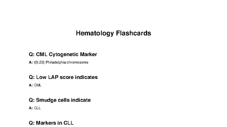 Hematology Flashcards: Key Concepts & Markers for CML, CLL, AML - Studocu