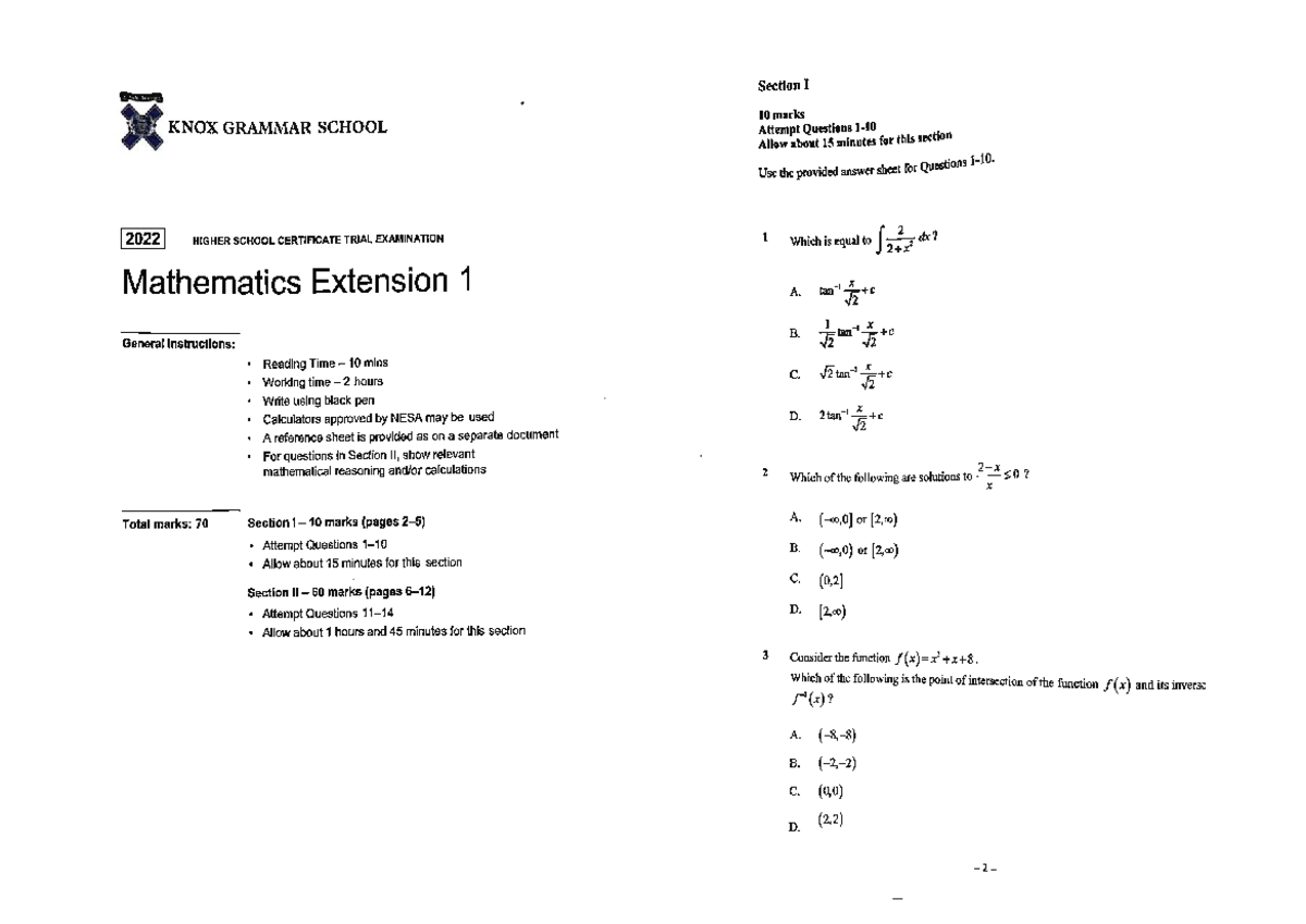 2022 HSC Trial Exam Mathematics Extension 1 - Section I & II Solutions ...