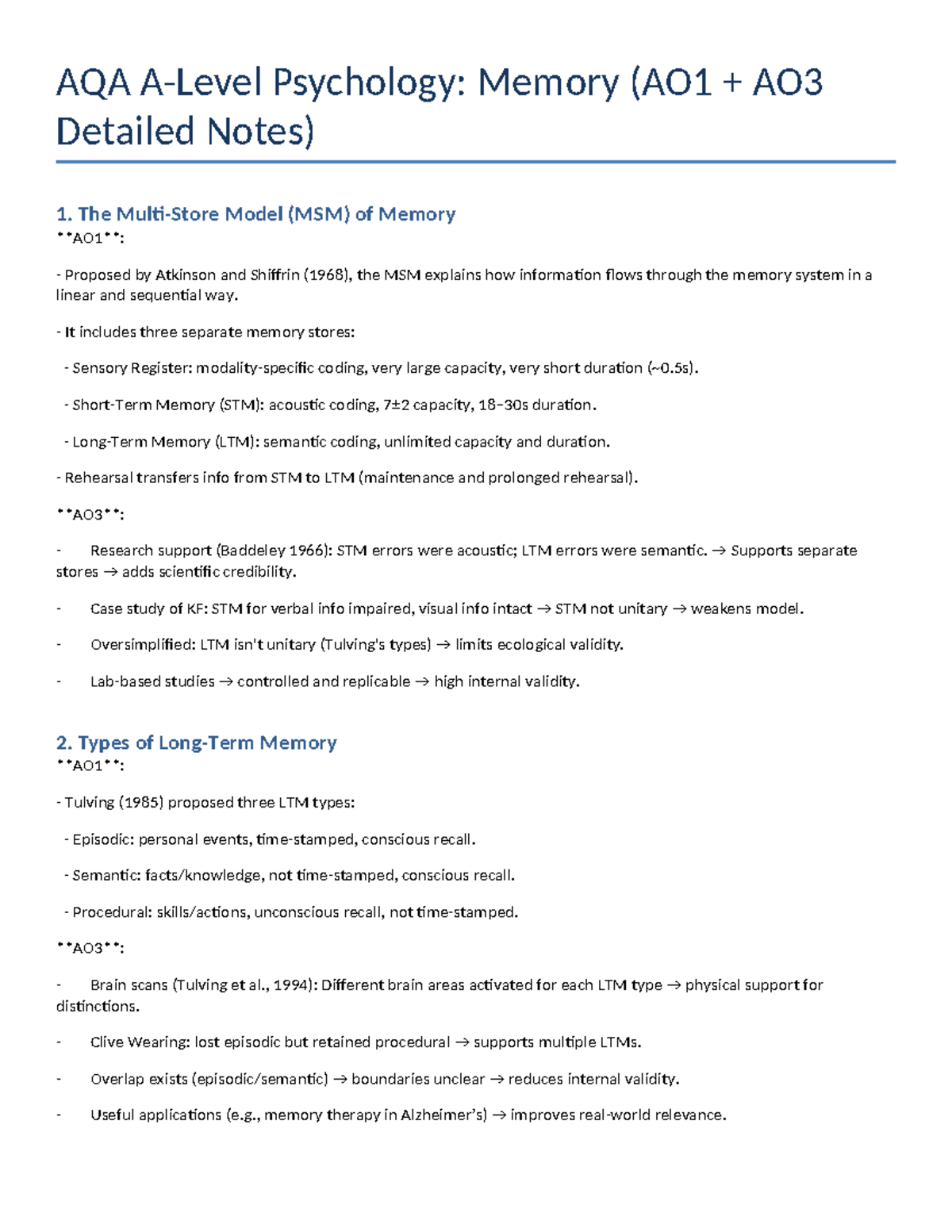 AQA Psychology: Memory (AO1 AO3) Detailed Summary Notes - Studocu