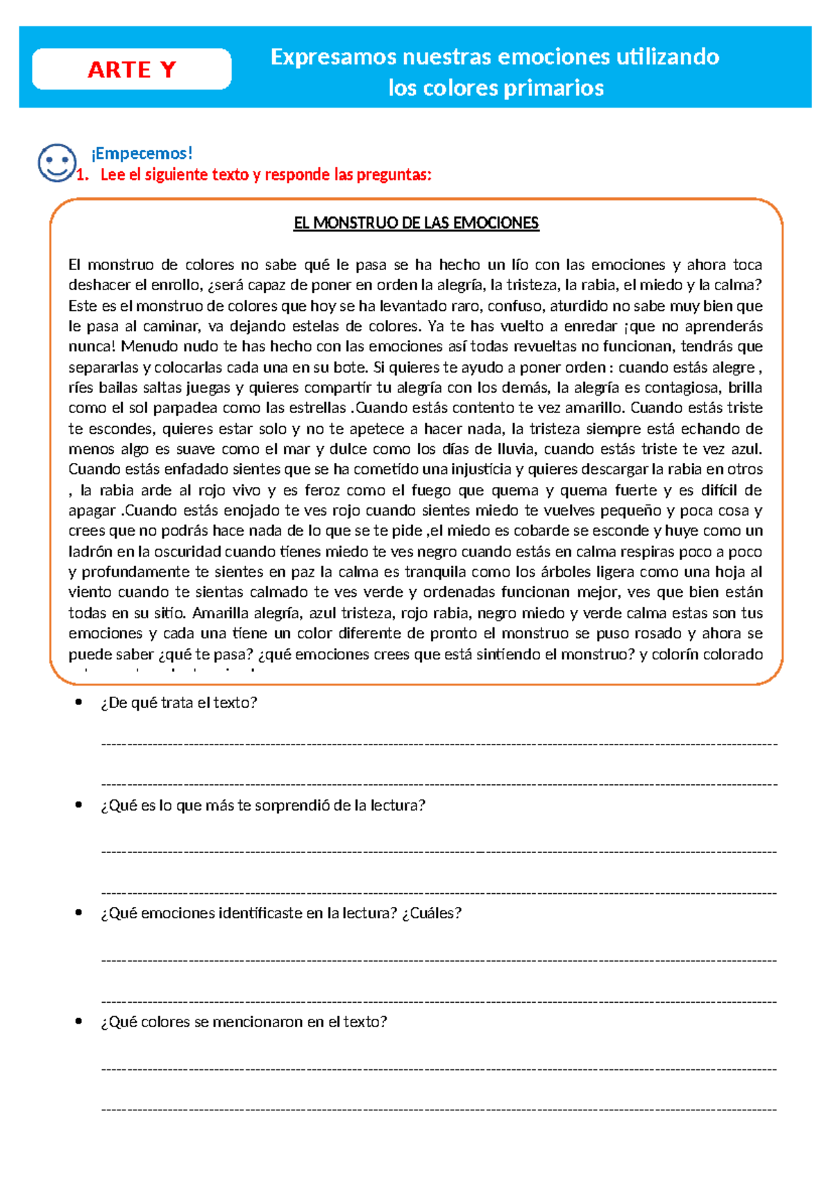 ARTE Y Emociones: Colores Primarios en el Monstruo de Colores - Studocu