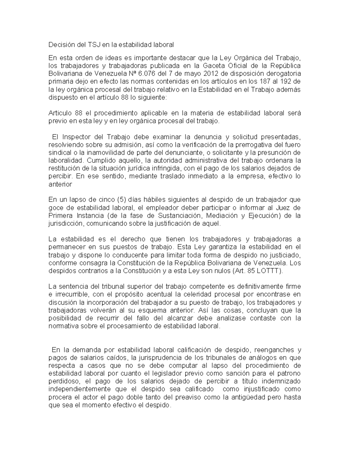 Decisión del TSJ sobre Estabilidad Laboral - Escuela Nacional DDHH ...