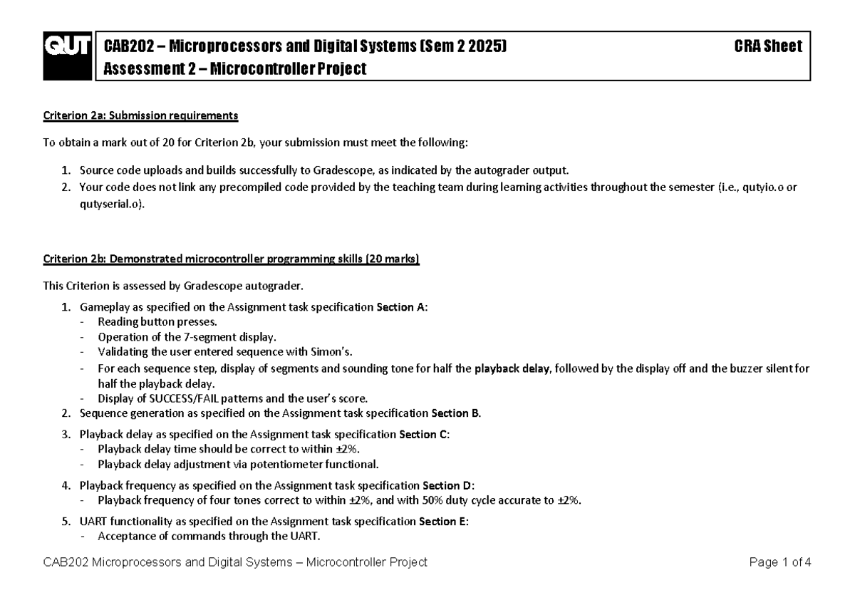CAB202 Microprocessors & Digital Systems Assessment 2 Criteria 2025 - Studocu