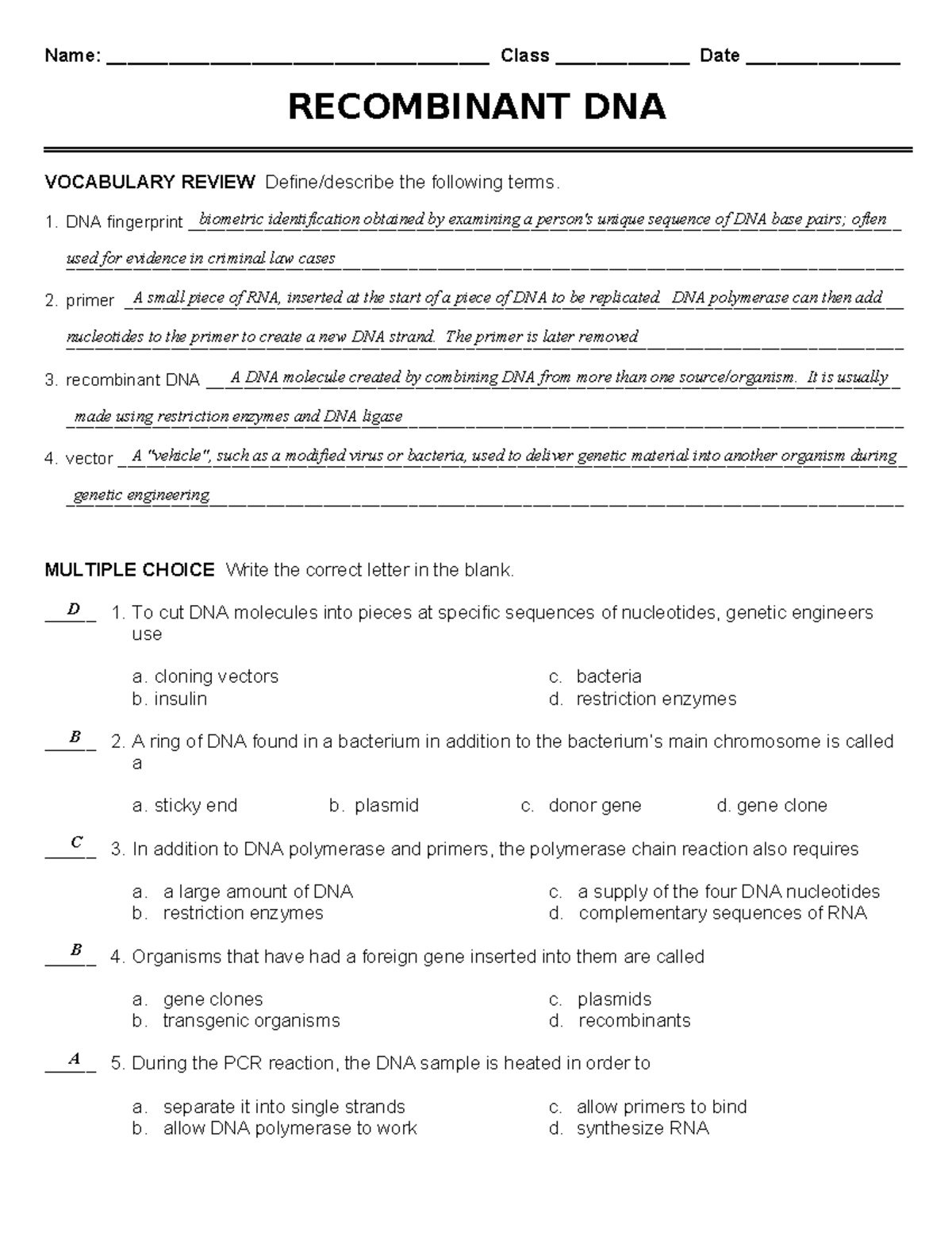 Recombinant DNA Vocabulary Review WKST (BIO 101) - Answer Key - Studocu