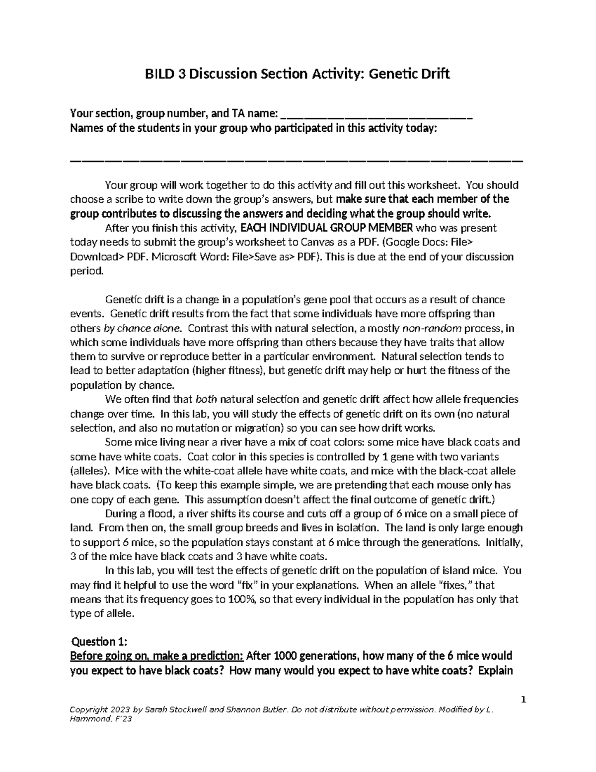 BILD 3 Genetic Drift Discussion Worksheet - f23 - Studocu