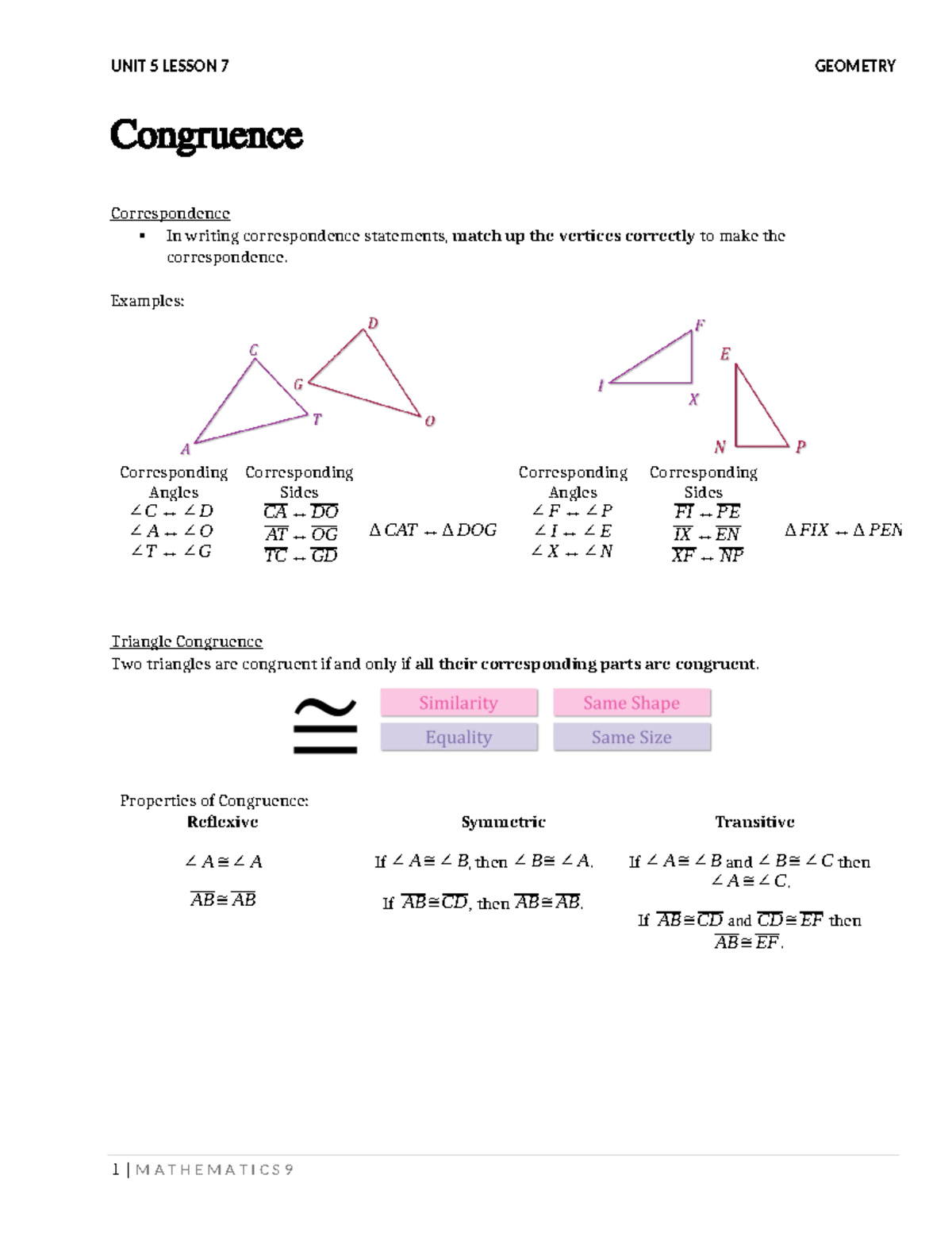 9.1 Triangle Congruence - Congruence Correspondence In writing ...