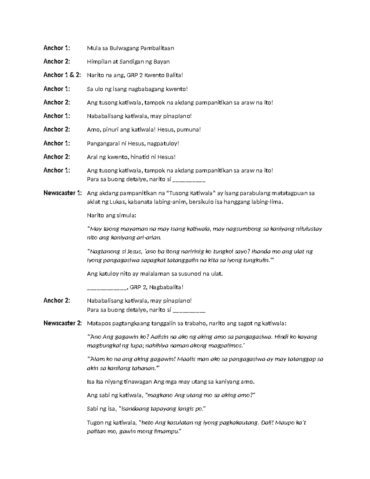 Tusong Katiwala: Filipino RB Script (GRP 2) - Studocu