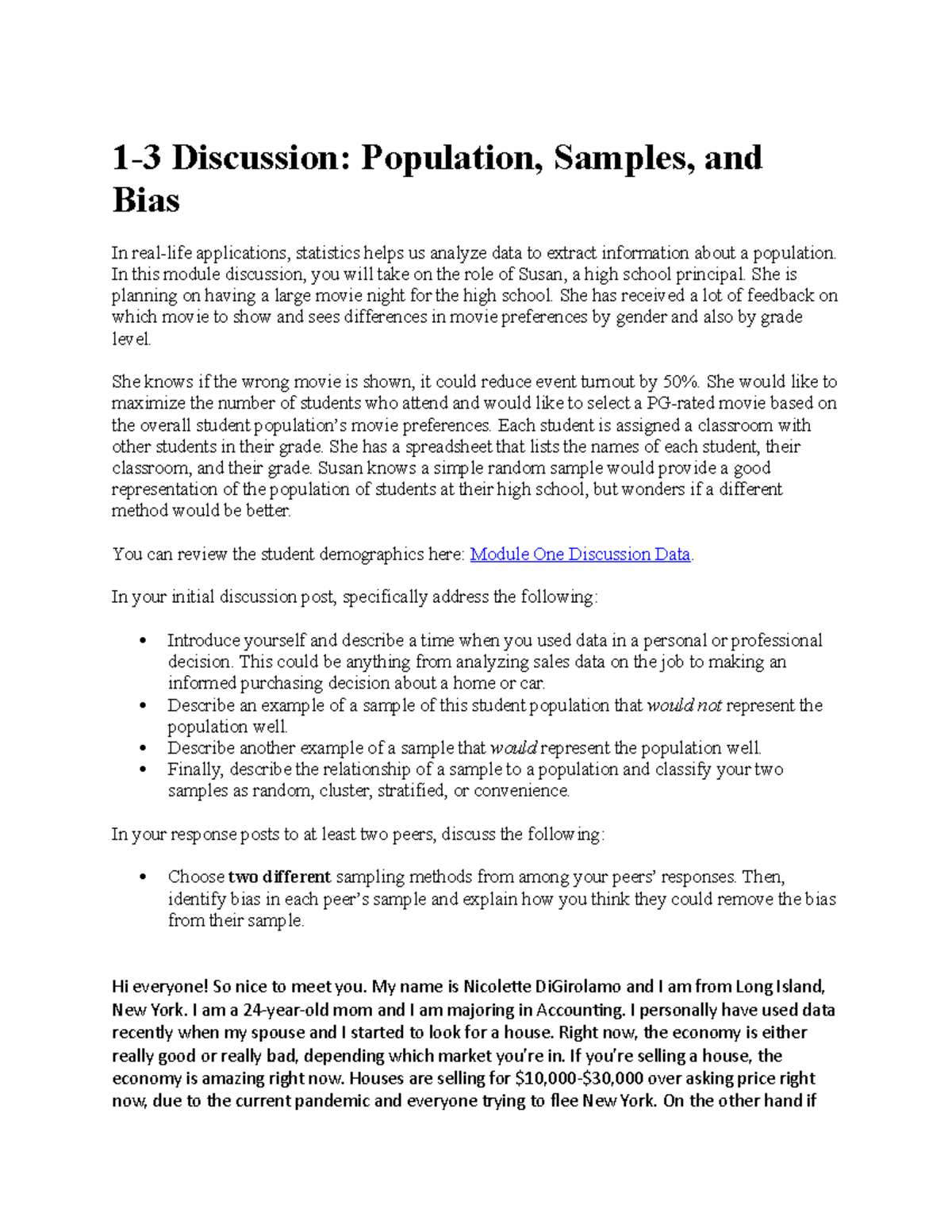 1-3 Discussion- Population, Samples, and Bias - 1-3 Discussion ...