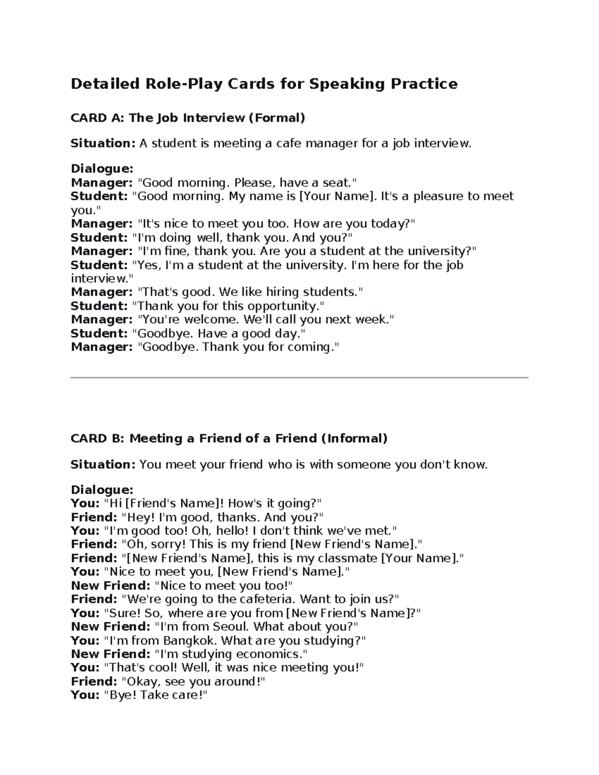 Role Play Cards for Speaking Practice: Job Interviews & Casual Chats ...
