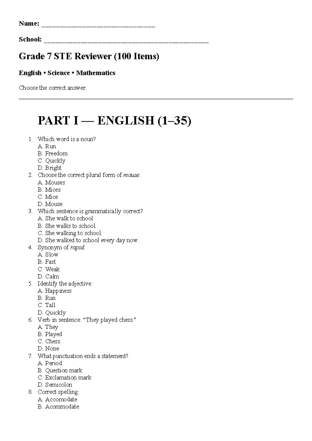 Grade 7 STE Reviewer (100 Items) - English, Science, Mathematics - Studocu
