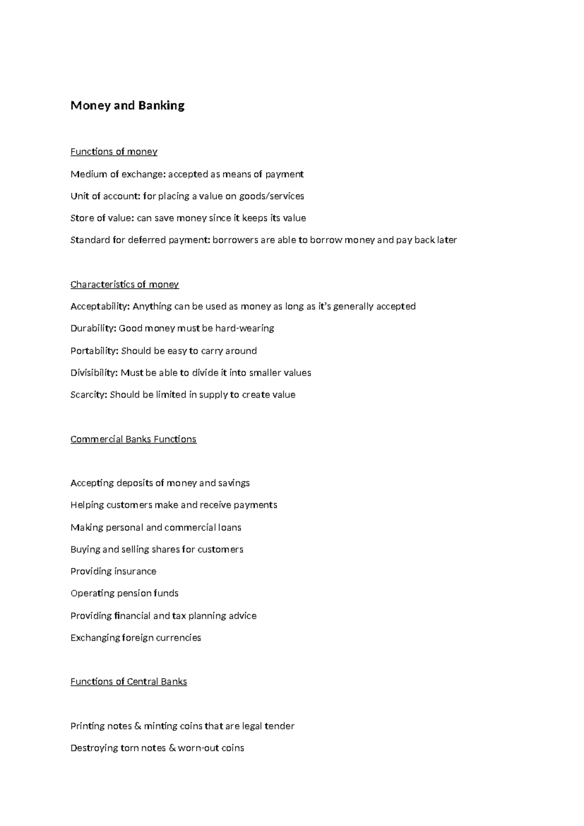 IBDP Econ Notes - Money & Banking Revision - Key Functions & Concepts ...