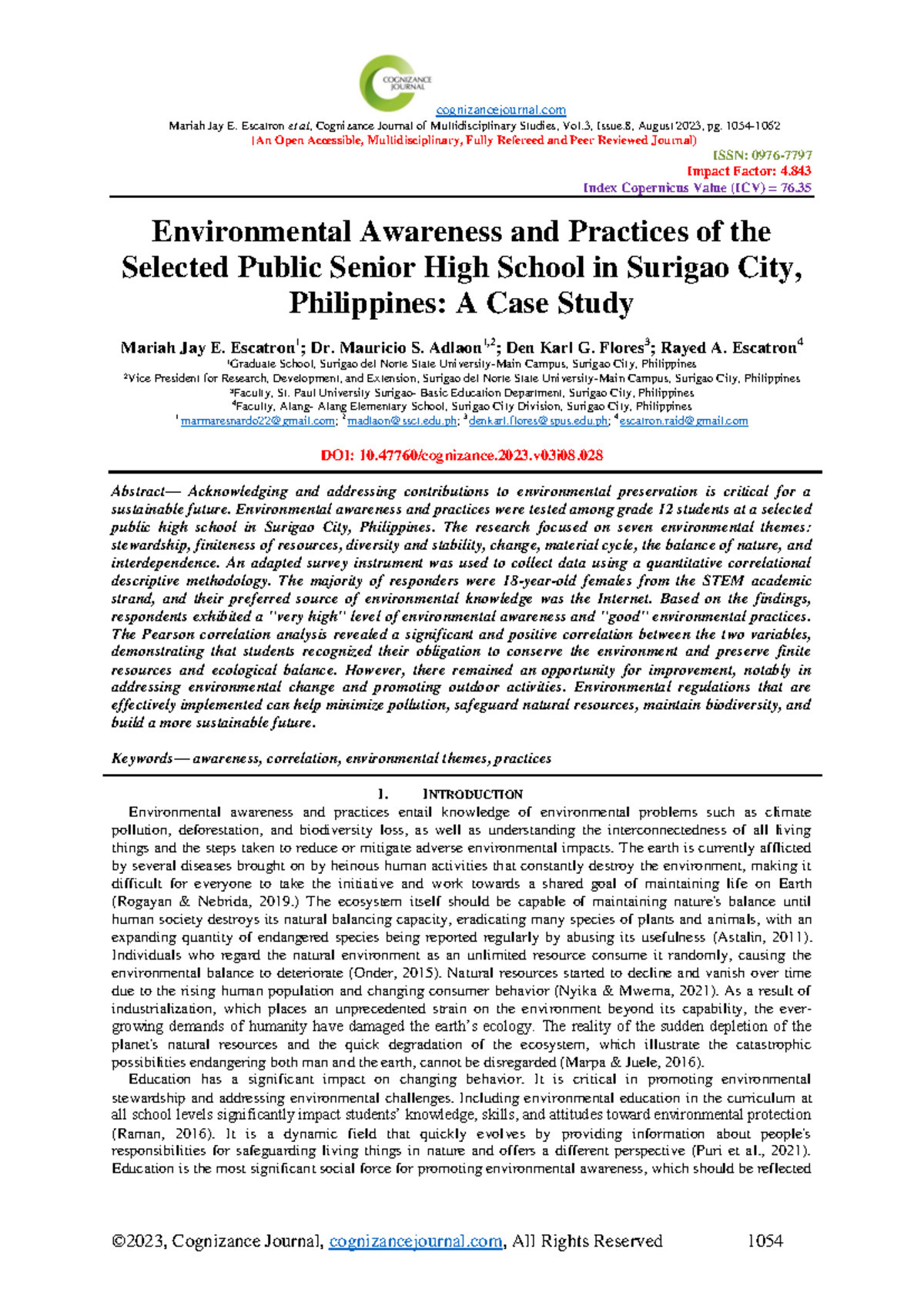 Environmental Awareness and Practices of Senior High Students: A Case ...