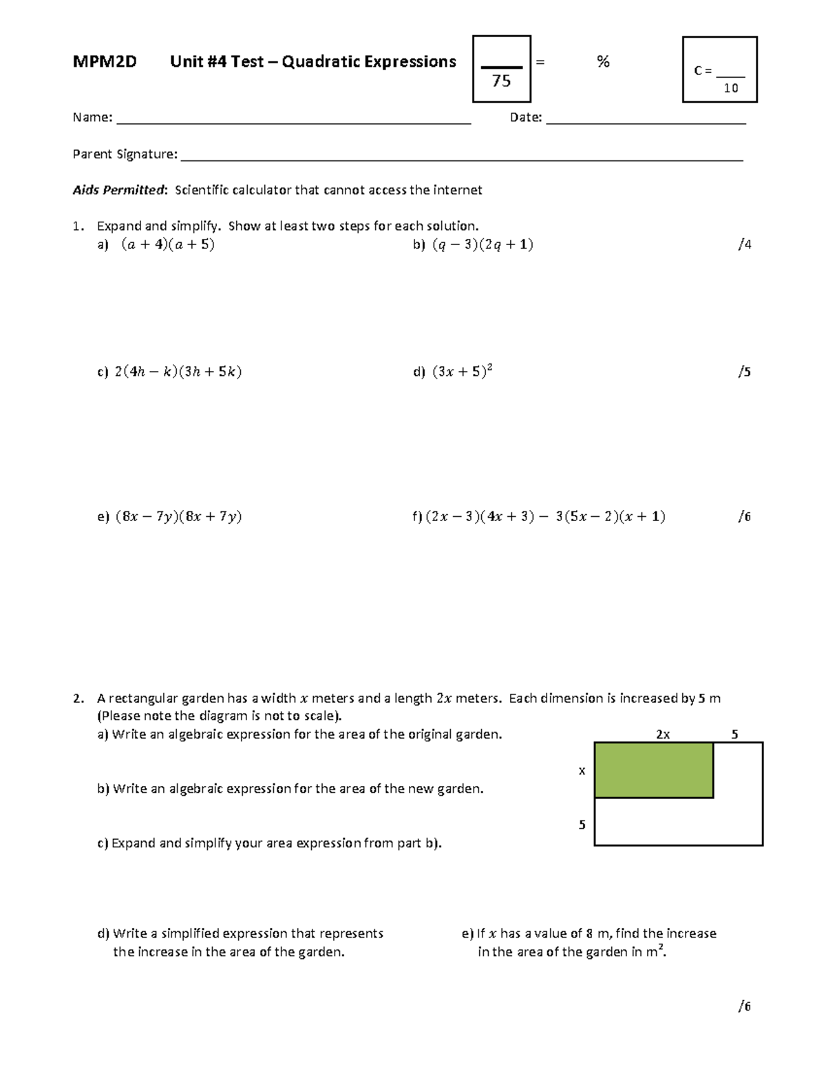 MPM2D Unit 4 Test Review: Quadratic Expressions & Factoring - Studocu