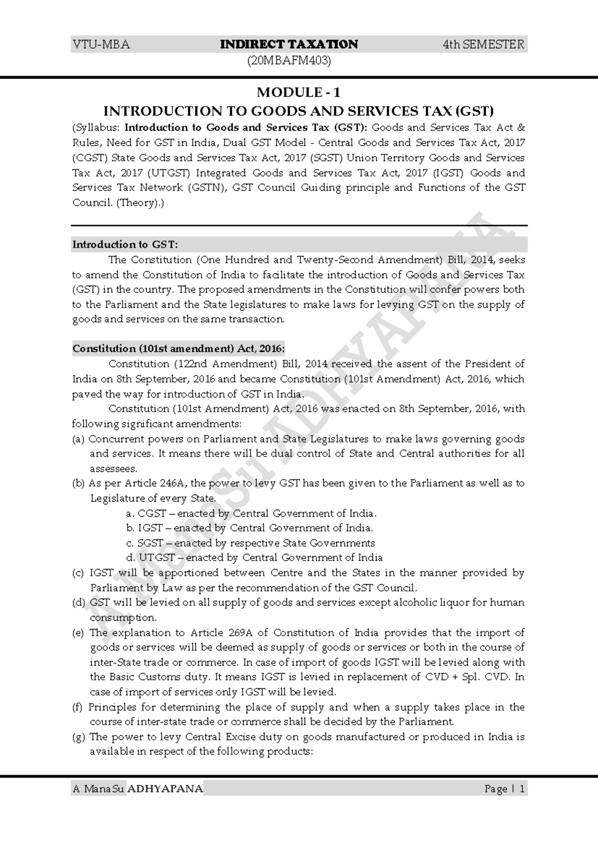 GST Module 1 Study Material - Introduction & Key Provisions (20MBAFM403 ...