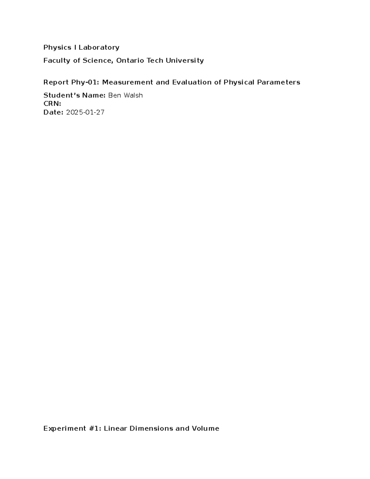 Physics I Lab 1 Report: Measurement & Evaluation of Physical Parameters ...