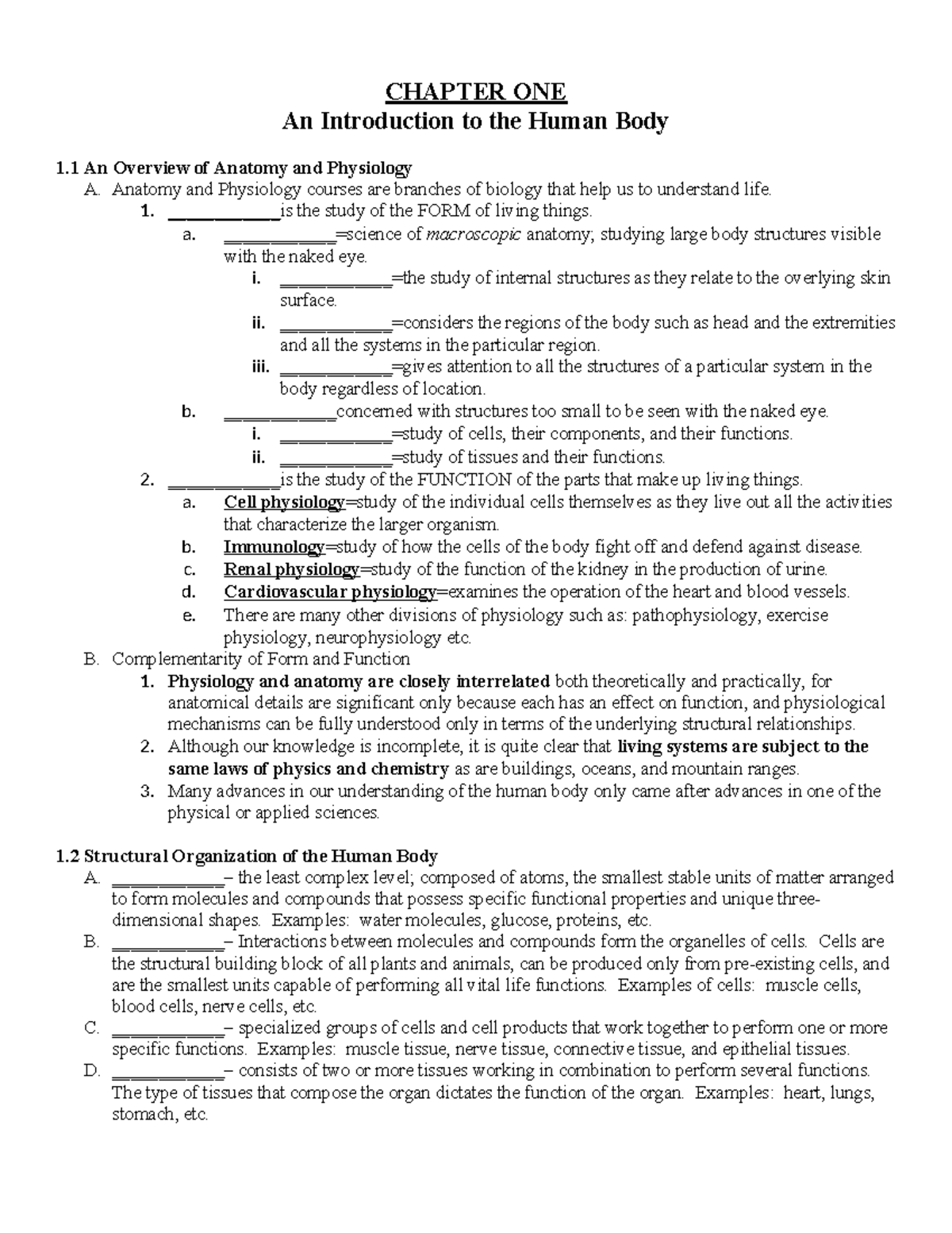 CH 1: Intro to Human Body - Anatomy & Physiology Overview - Studocu