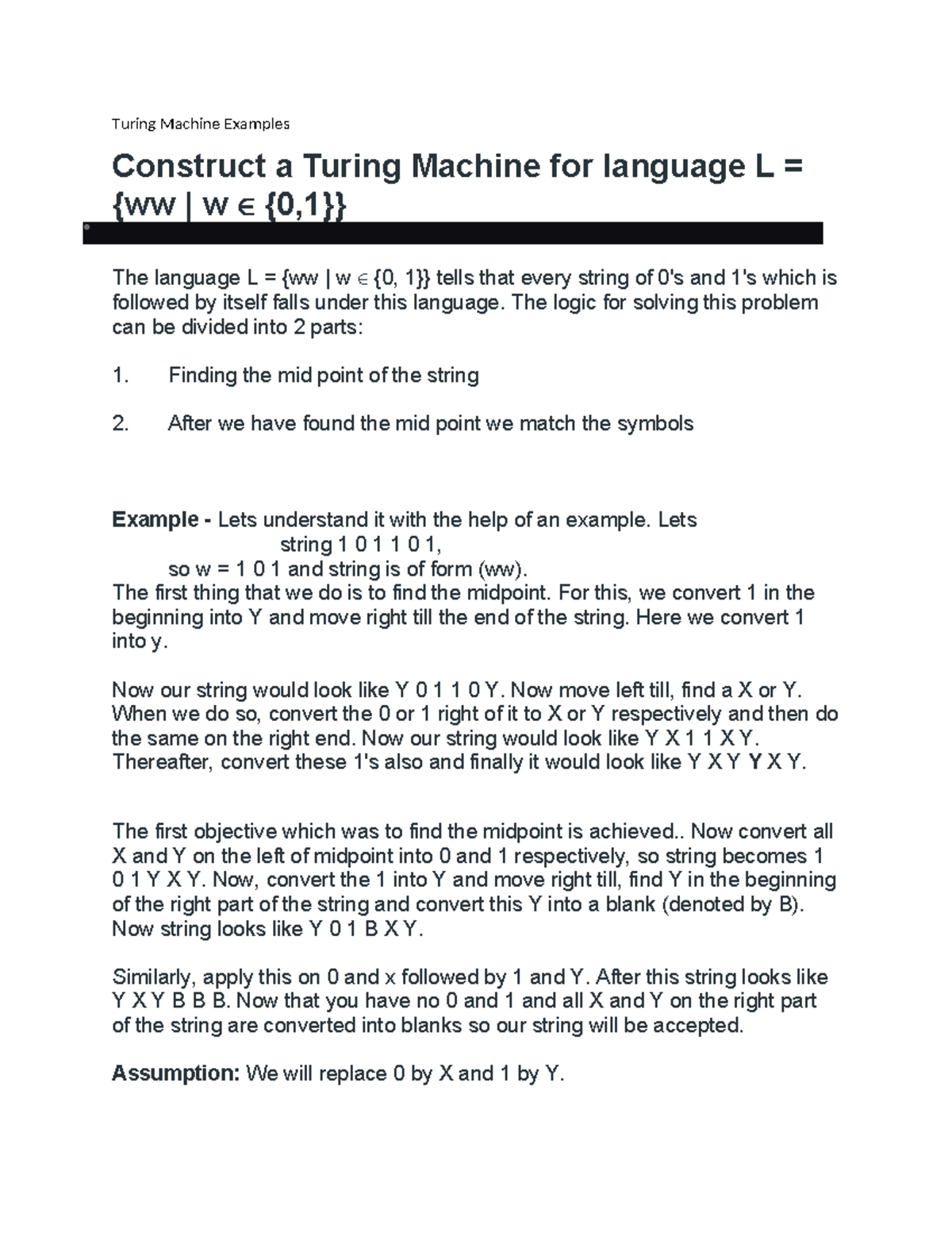 Turing Machine Examples: Constructing Machines for Languages L_w and L_{i,j,k} - Studocu
