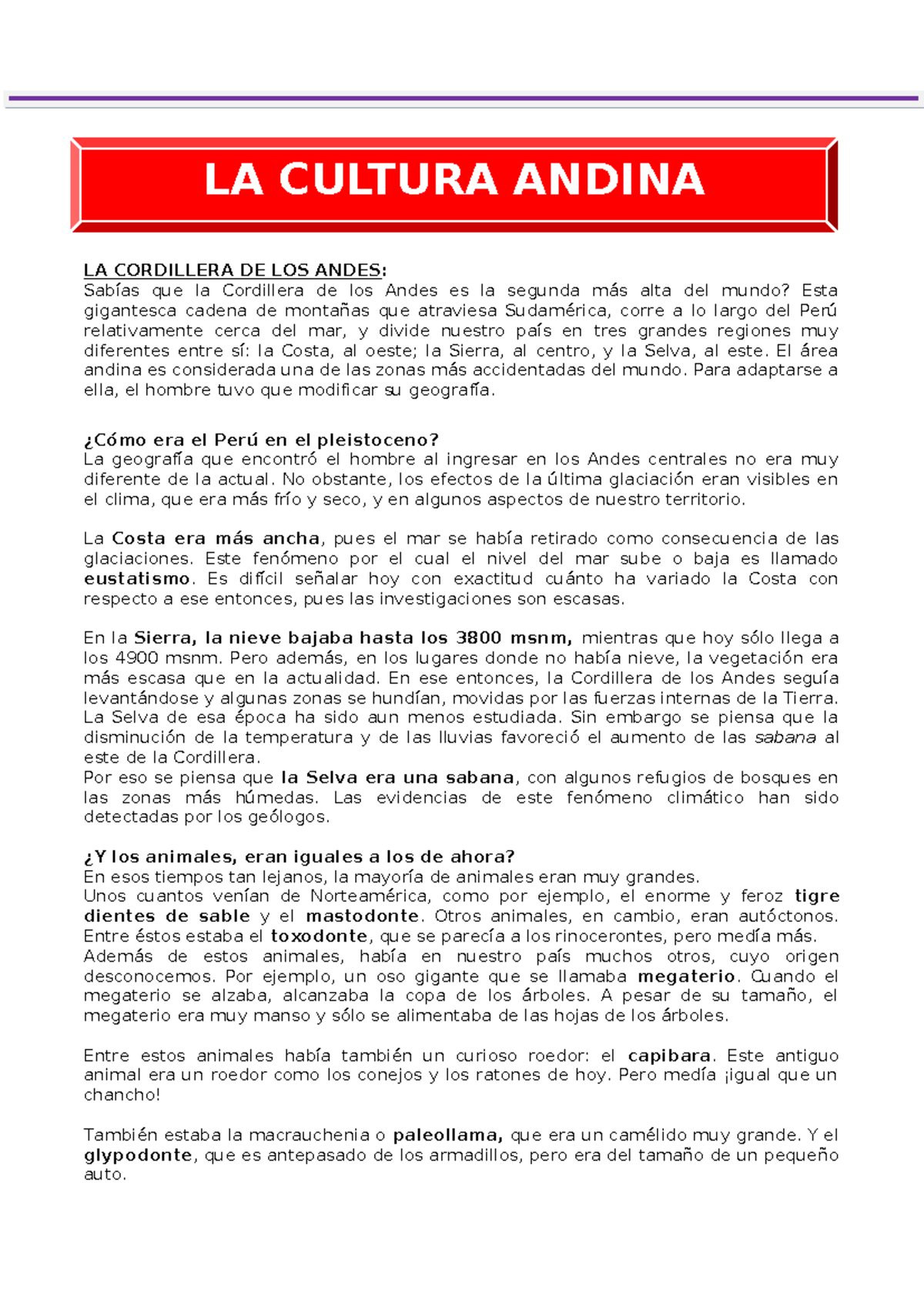LA CULTURA ANDINA: Ficha de Refuerzo sobre la Cordillera de los Andes ...