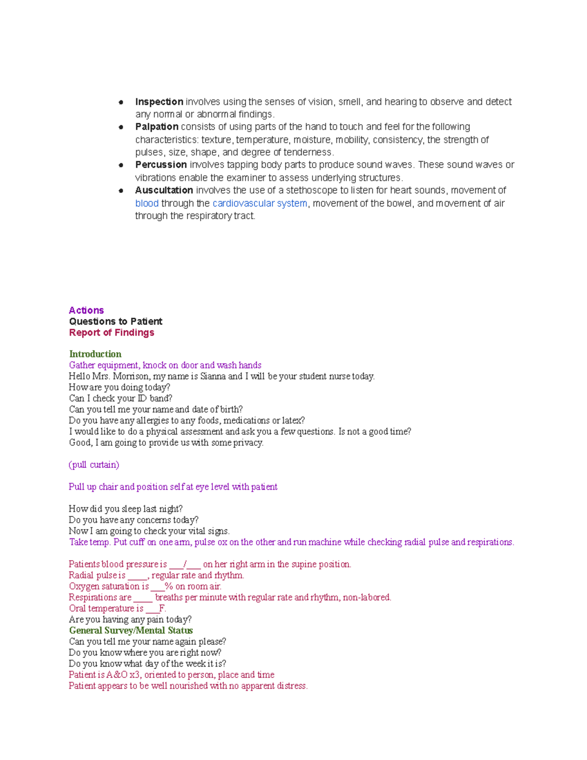 SAS 23-29 Nursing Assessment Notes and Patient Findings - Studocu