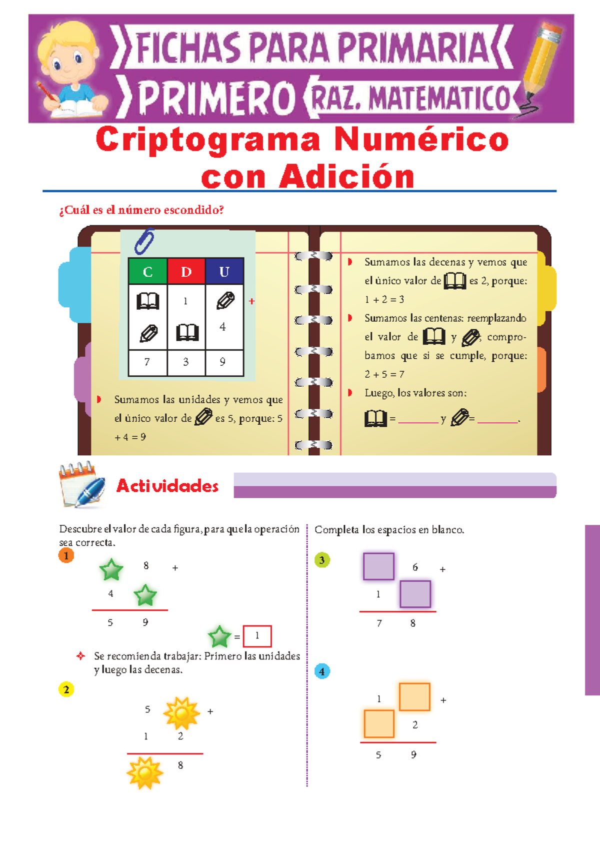 Criptograma Numérico con Adiciones para 1er Grado de Primaria - Studocu