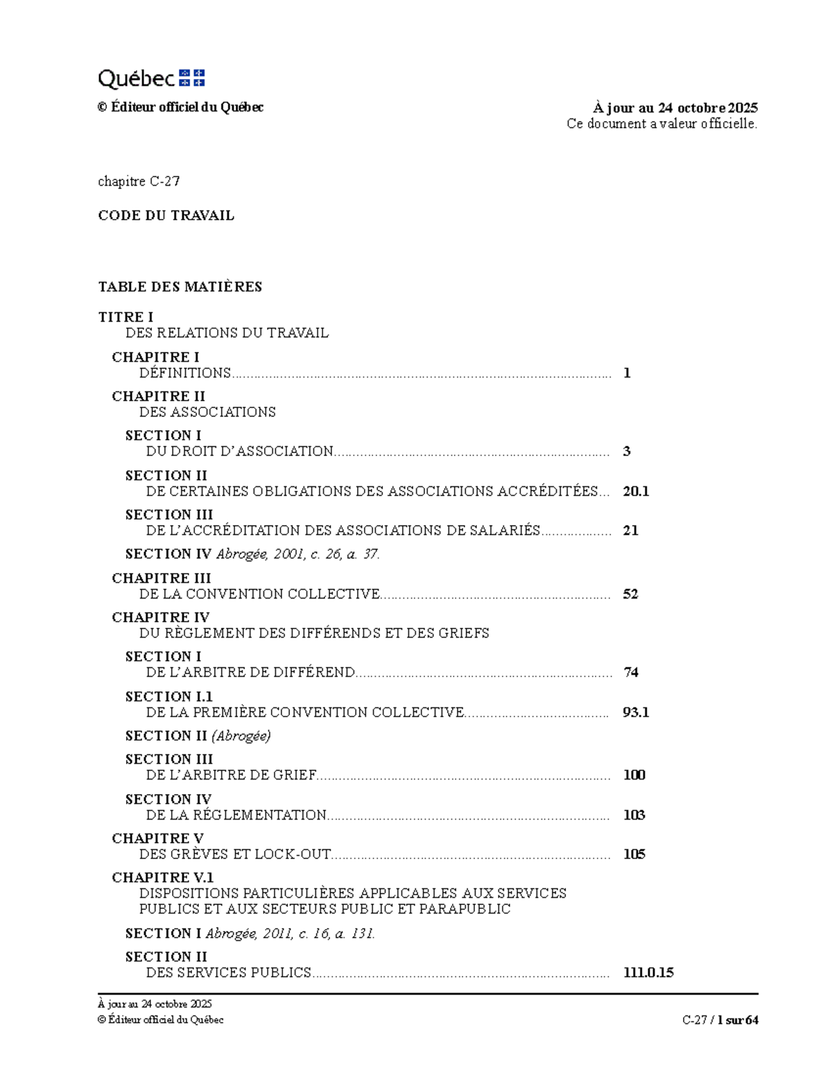 Code du travail - Chapitres et Sections (À jour au 24 oct. 2025) - Studocu