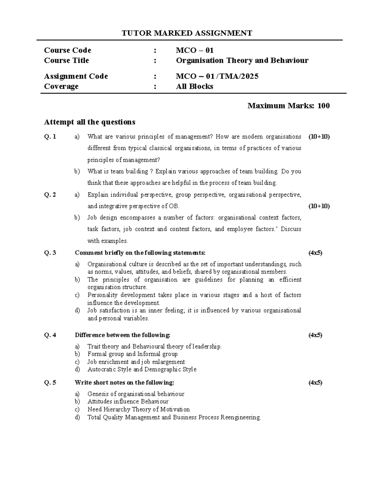 M - assignment - TUTOR MARKED ASSIGNMENT Course Code : MCO – 01 Course ...