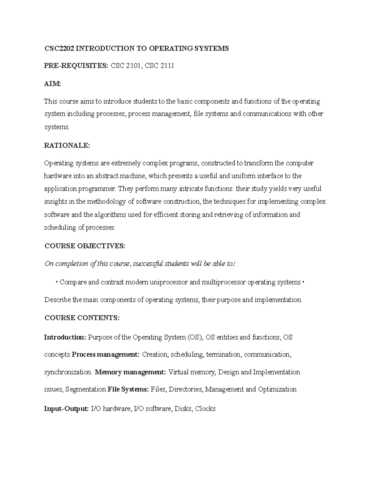 CSC2202 - Operating Systems Course Outline and Objectives - Studocu