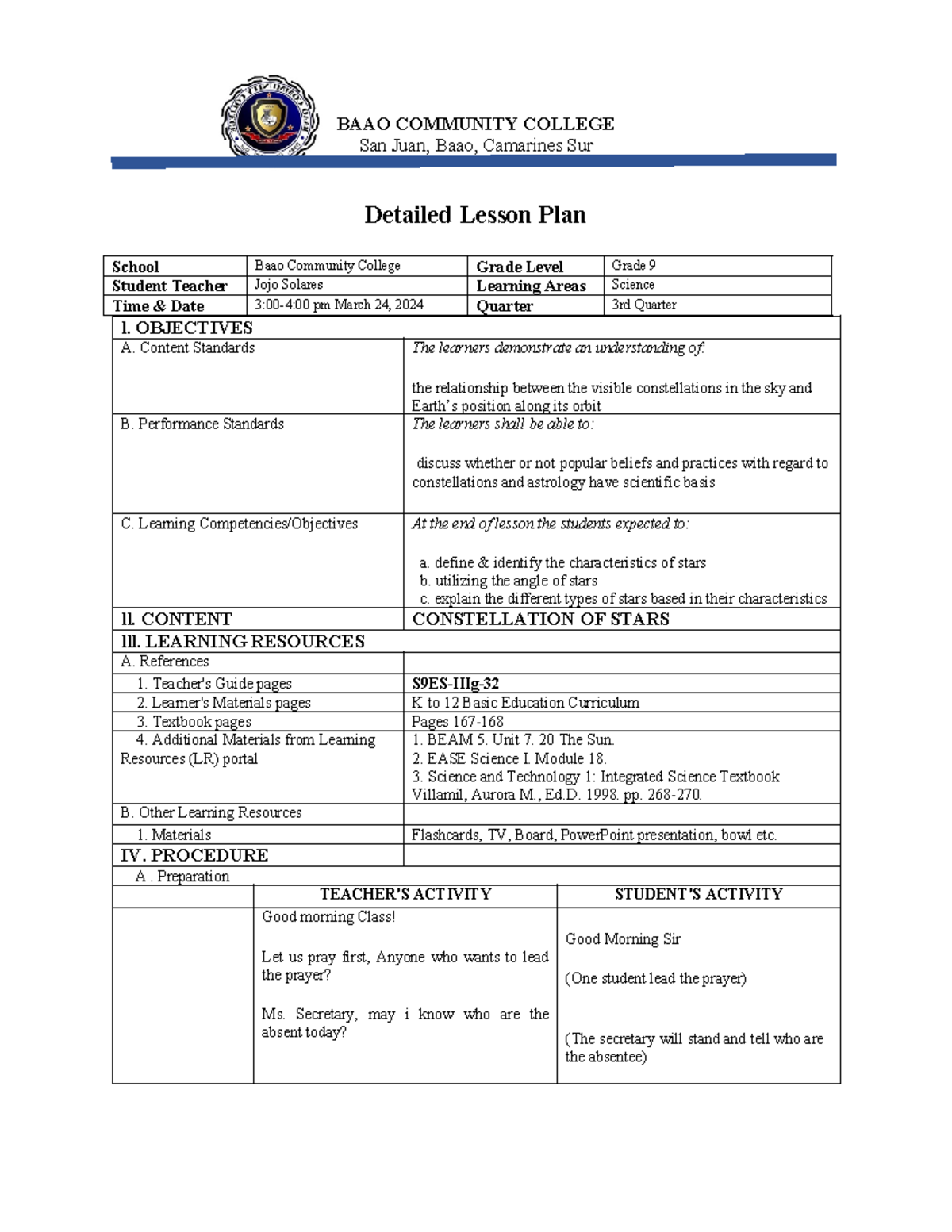 BAAO 9th Grade Science Lesson Plan: Exploring Constellation Stars - Studocu